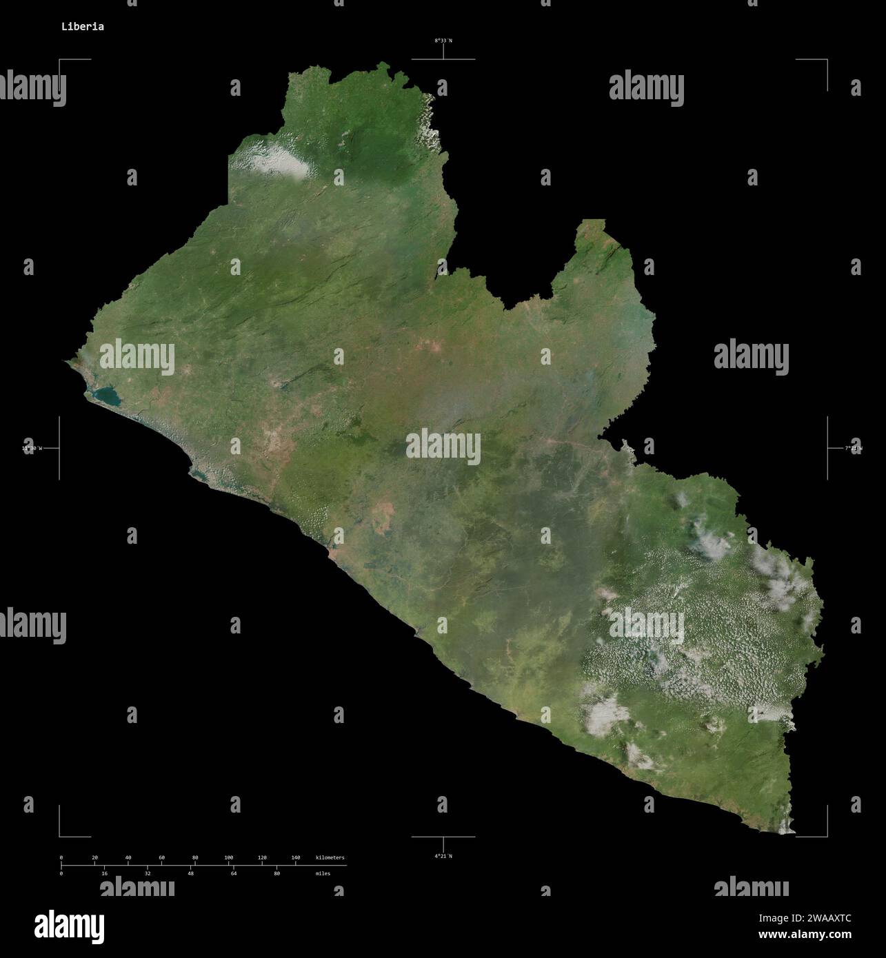 Shape of a high resolution satellite map of the Liberia, with distance ...