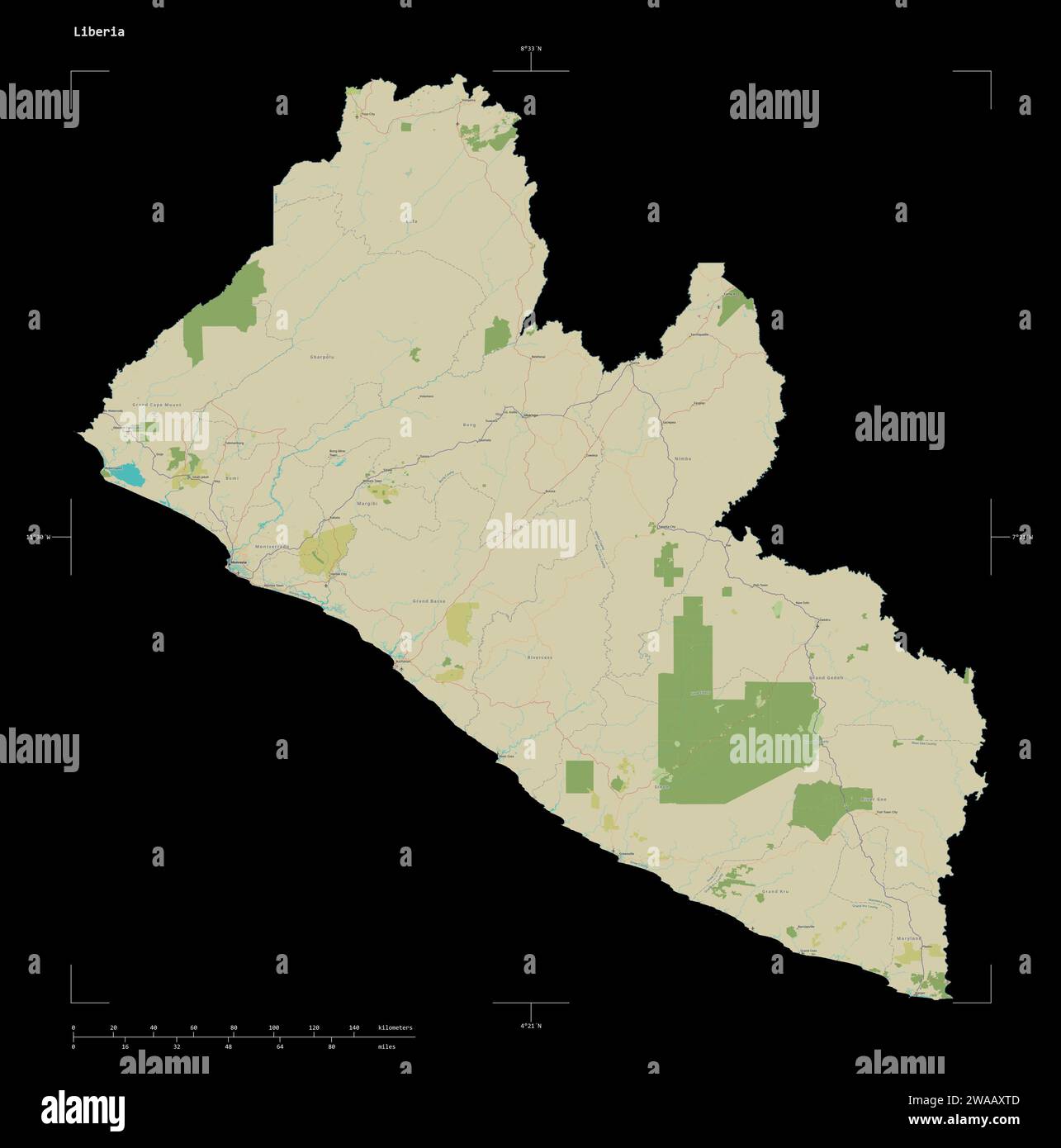 Shape of a topographic, OSM Humanitarian style map of the Liberia, with ...