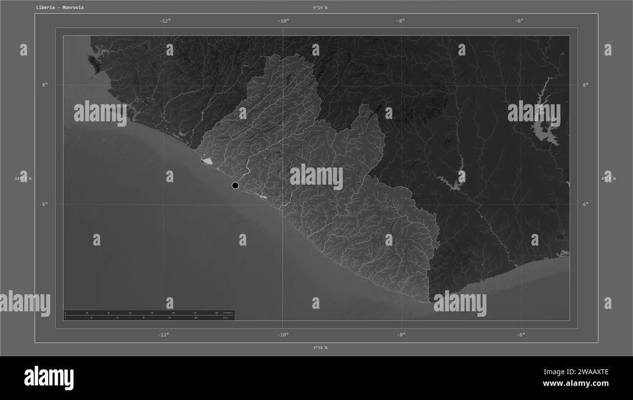 Liberia highlighted on a Grayscale elevation map with lakes and rivers ...