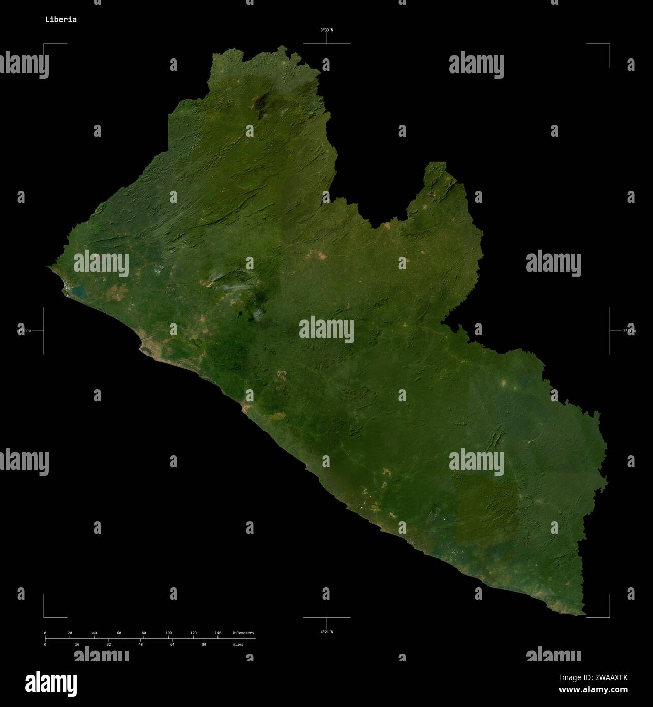Shape of a low resolution satellite map of the Liberia, with distance ...