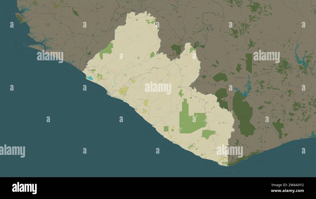 Liberia highlighted on a topographic, OSM Humanitarian style map Stock ...