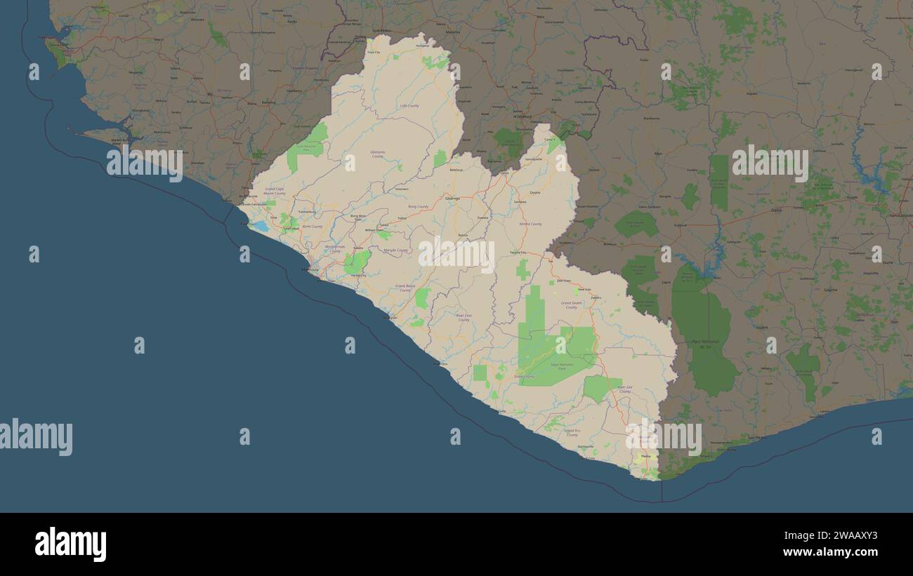 Liberia highlighted on a topographic, OSM standard style map Stock ...