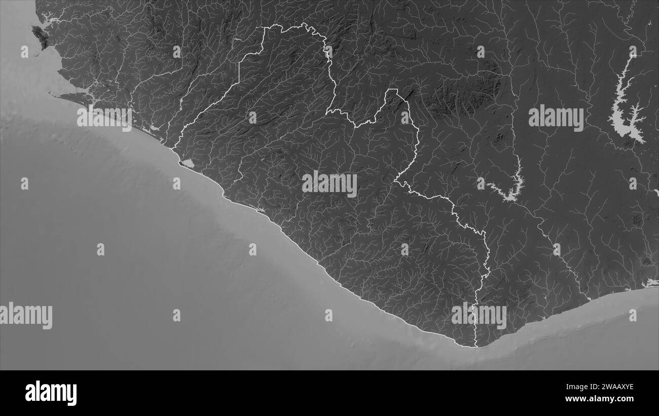 Liberia outlined on a Grayscale elevation map with lakes and rivers ...