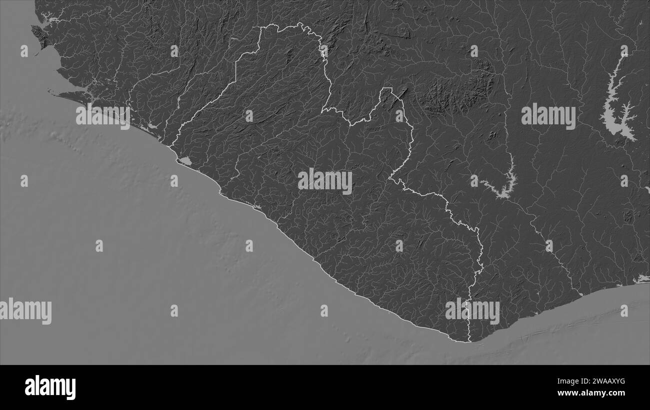Liberia outlined on a Bilevel elevation map with lakes and rivers Stock ...