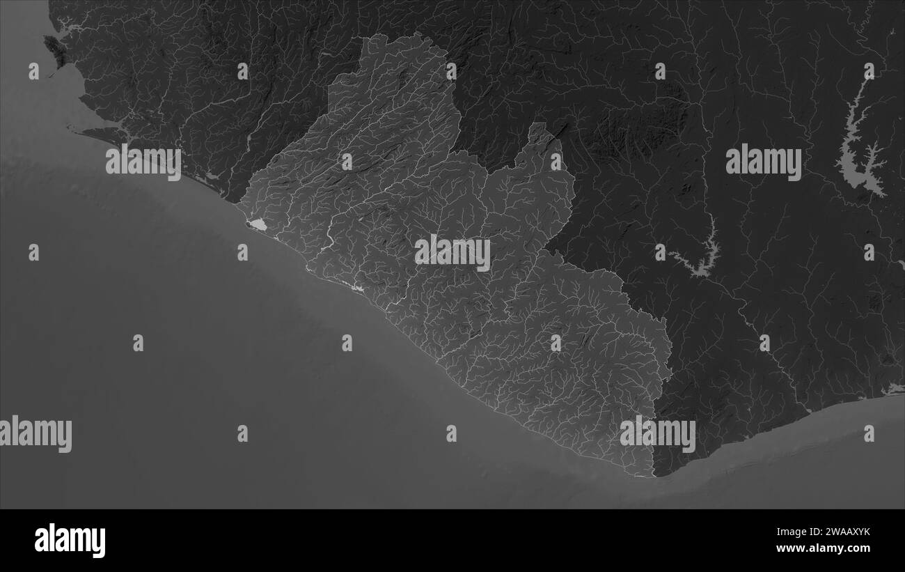 Liberia highlighted on a Grayscale elevation map with lakes and rivers ...