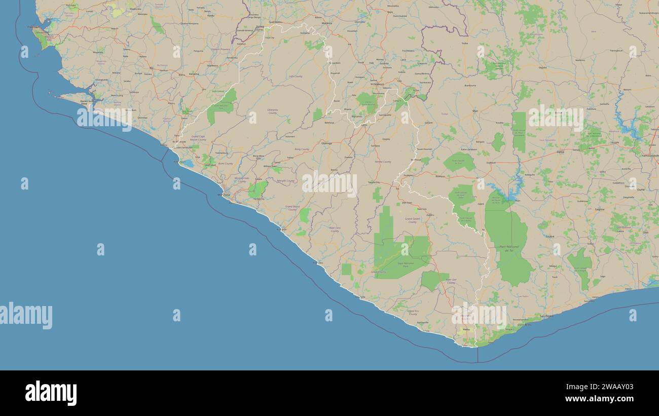 Liberia outlined on a topographic, OSM standard style map Stock Photo ...