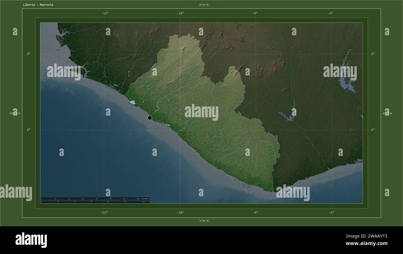 Liberia highlighted on a Pale colored elevation map with lakes and ...