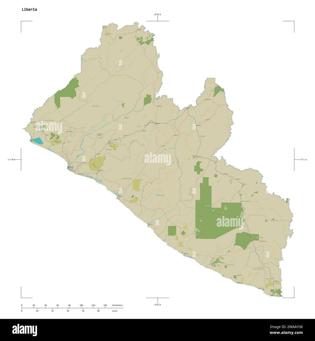 Shape of a topographic, OSM Humanitarian style map of the Liberia, with ...