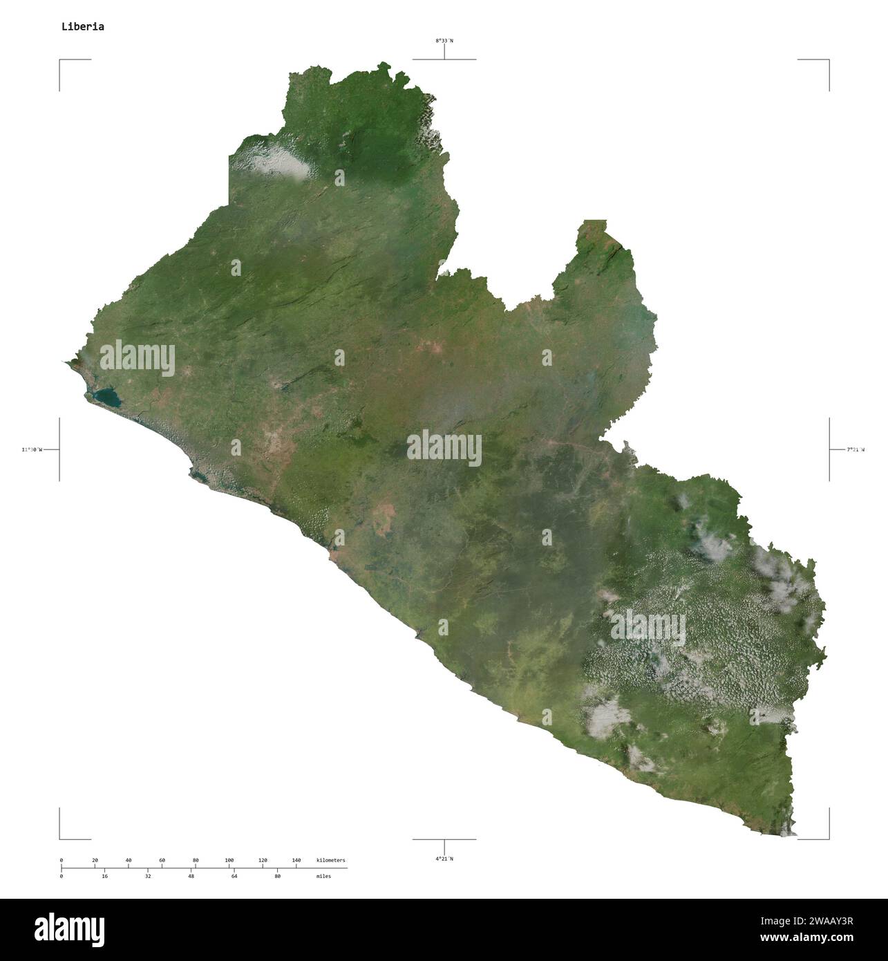 Shape of a high resolution satellite map of the Liberia, with distance ...
