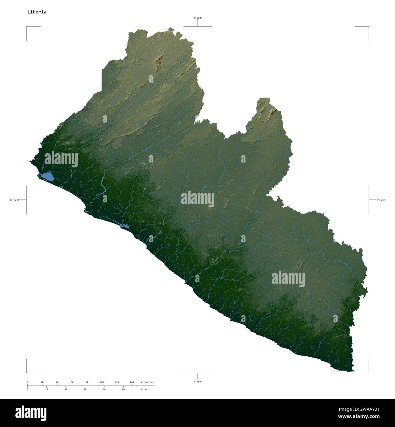 Shape of a Colored elevation map with lakes and rivers of the Liberia ...