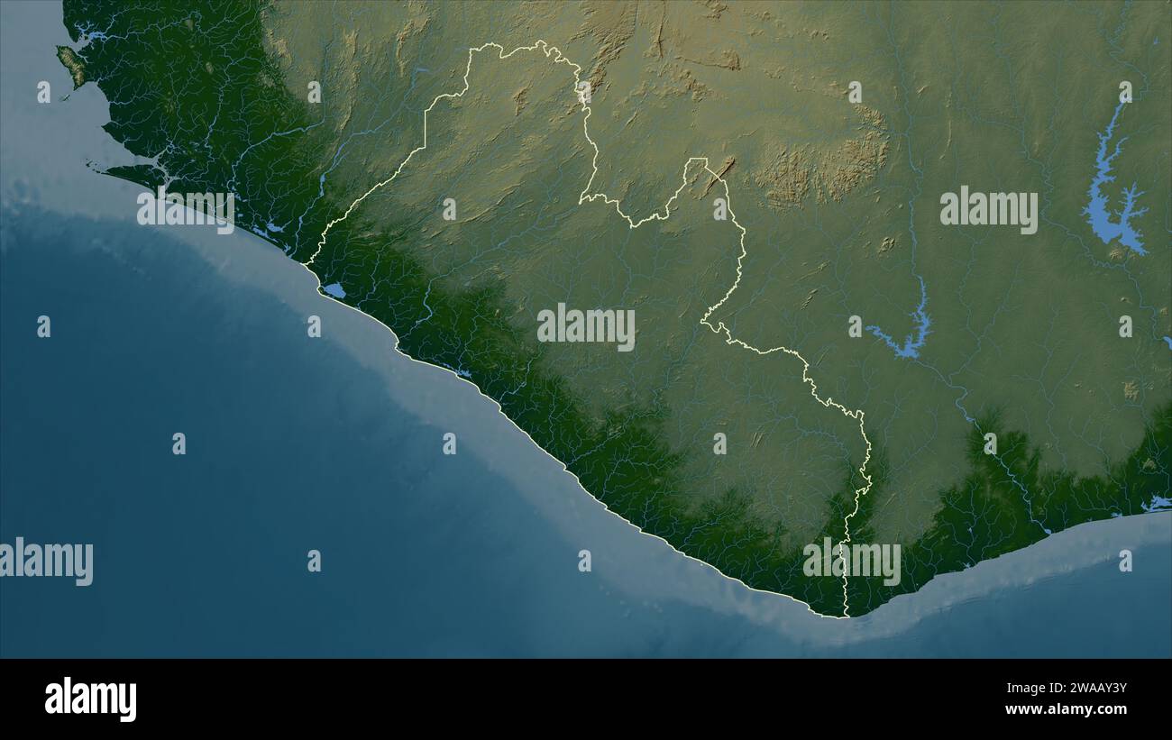 Liberia outlined on a Colored elevation map with lakes and rivers Stock ...