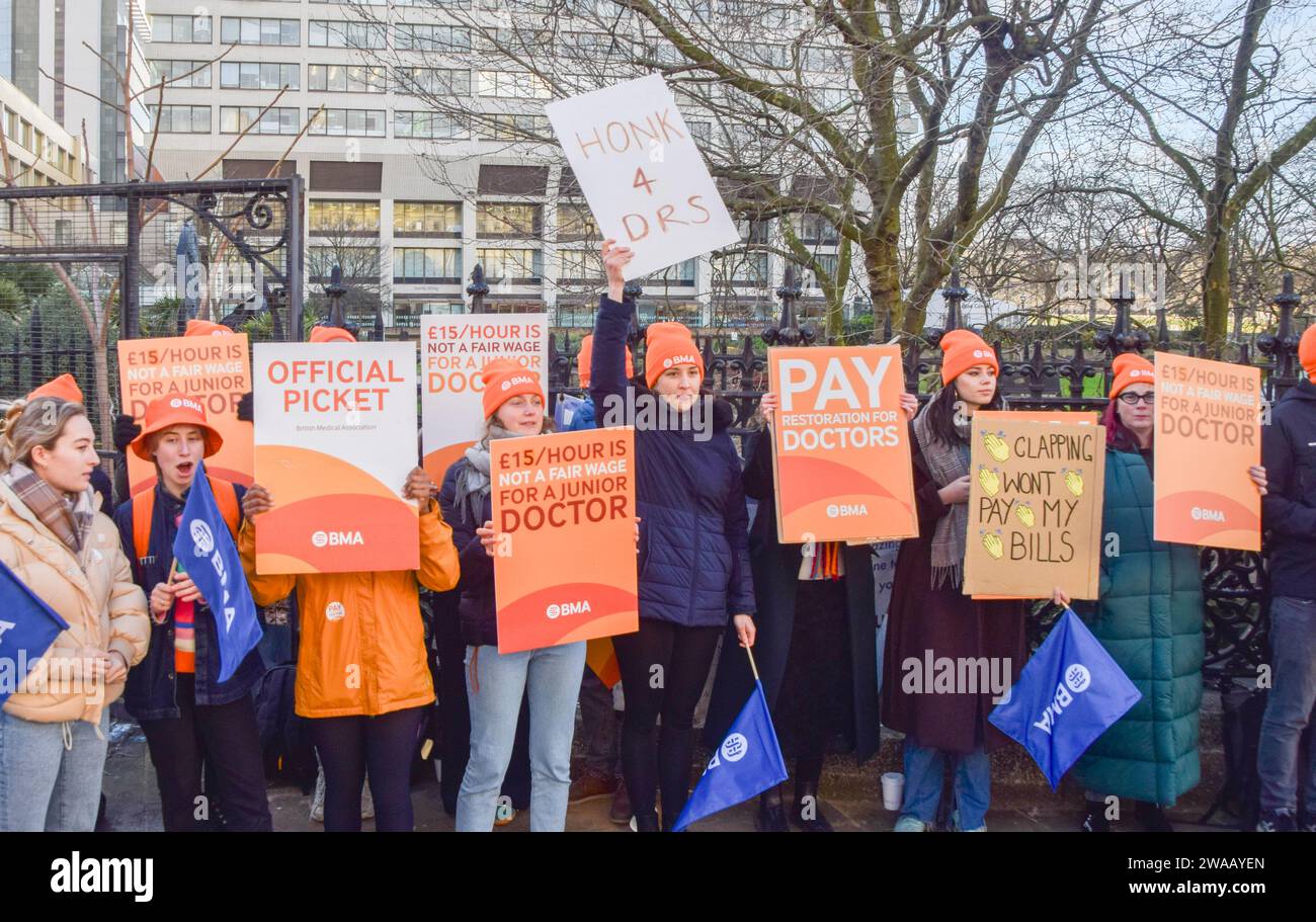 London, England, UK. 3rd Jan, 2024. Picket outside St Thomas' Hospital ...
