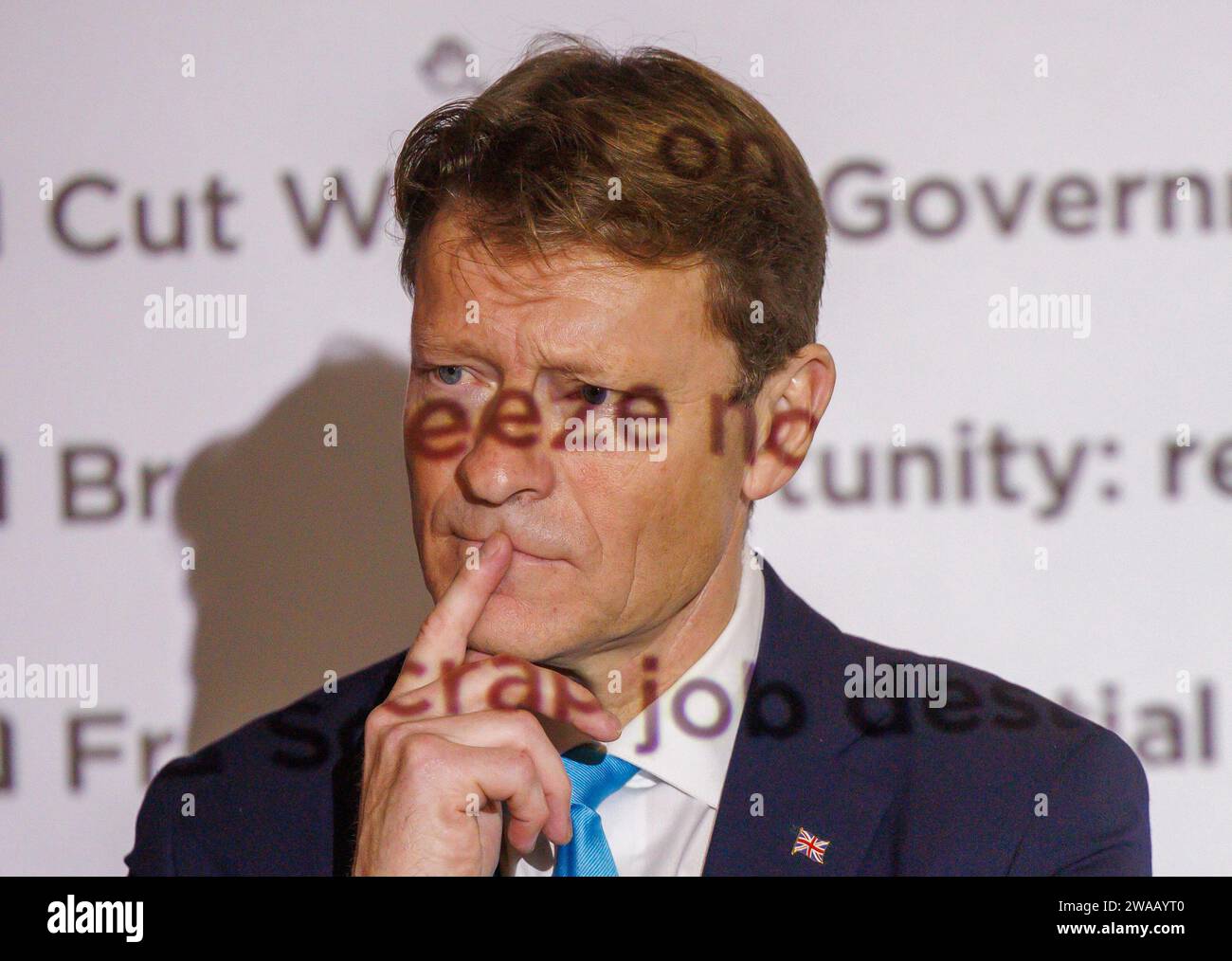 London, UK. 3rd Jan, 2024. Richard Tice has the words Crap Job ...