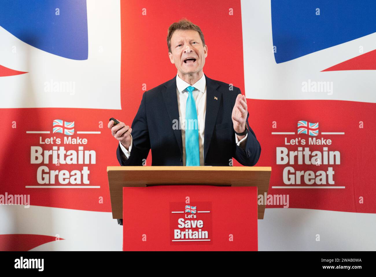 Reform Party leader Richard Tice speaking at a press conference at the ...