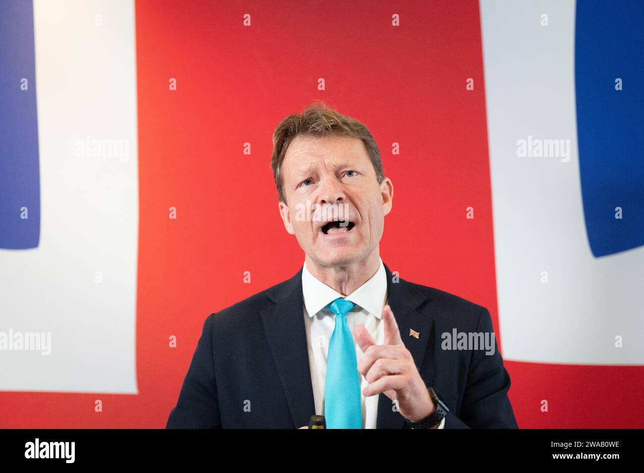Reform Party leader Richard Tice speaking at a press conference at the ...