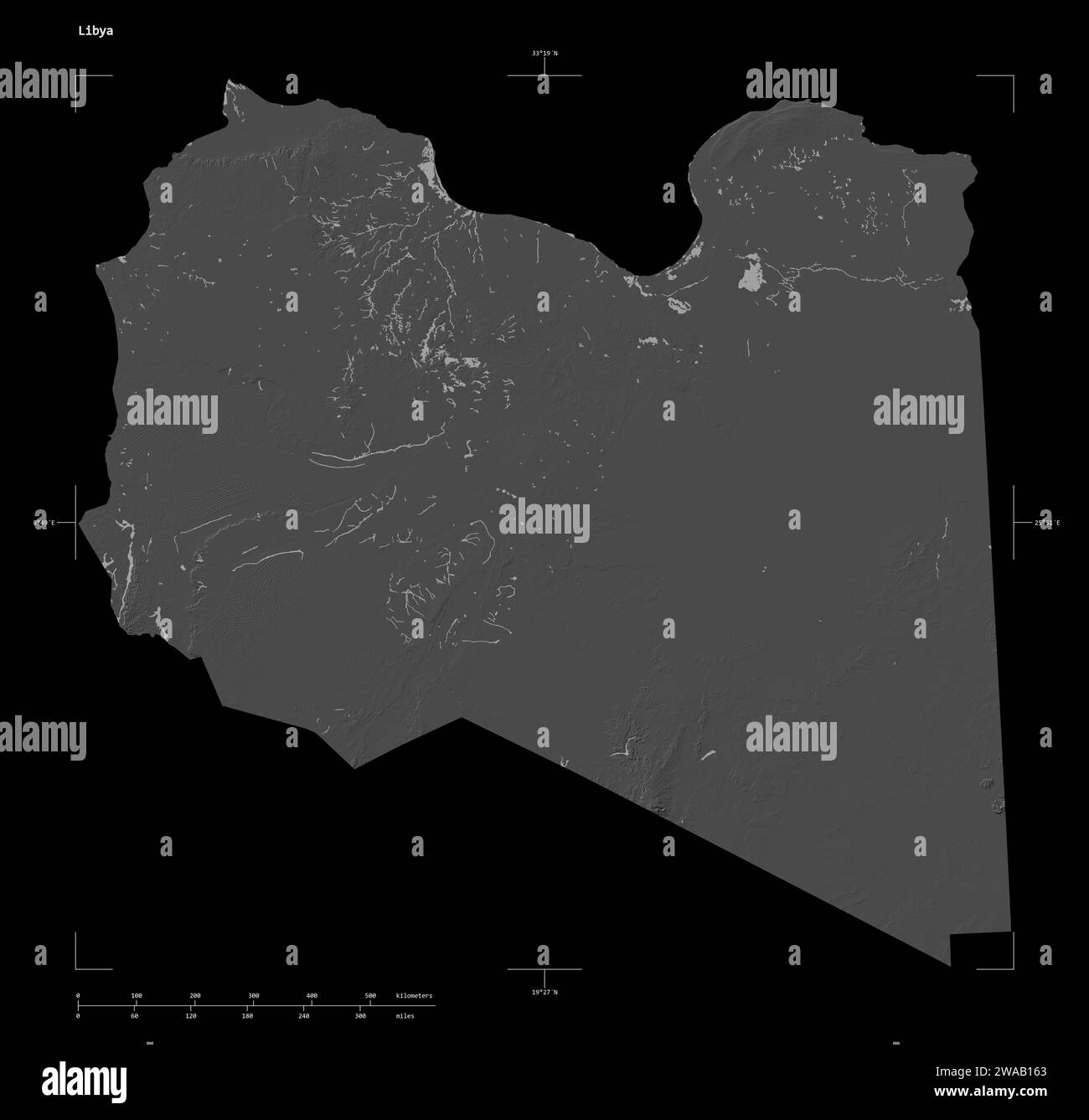 Shape of a Bilevel elevation map with lakes and rivers of the Libya ...