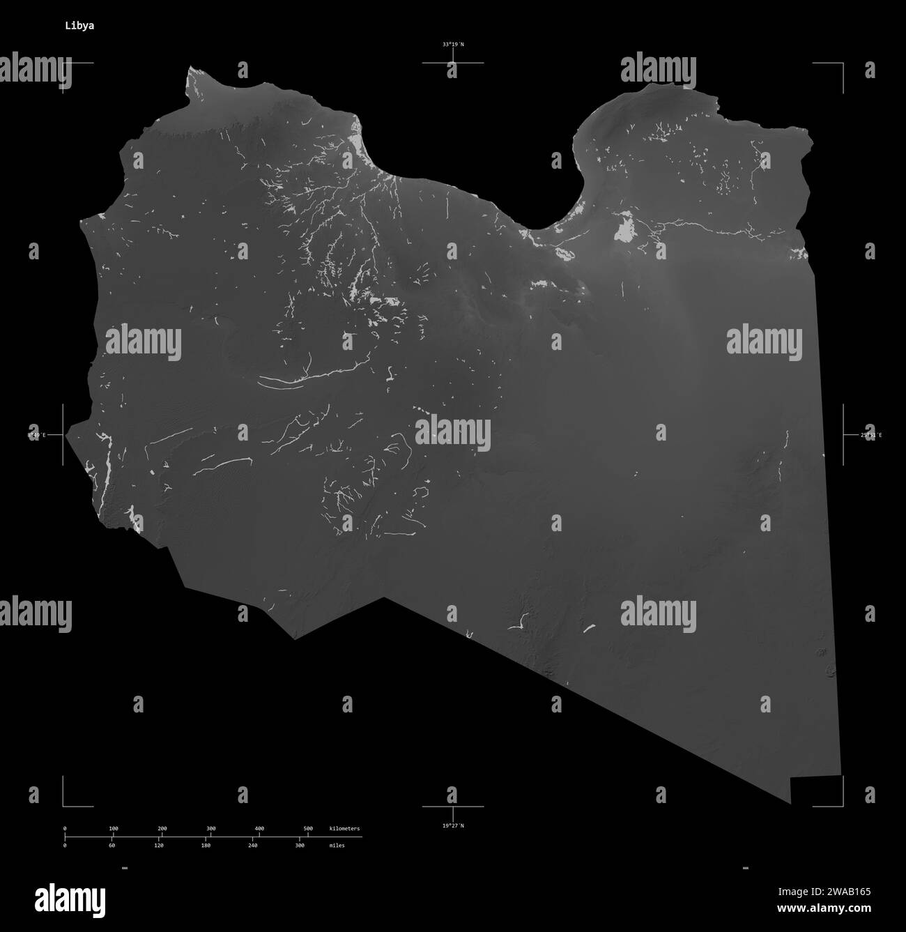 Shape of a Grayscale elevation map with lakes and rivers of the Libya ...
