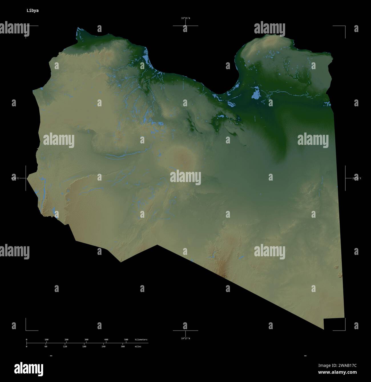Shape of a Colored elevation map with lakes and rivers of the Libya ...