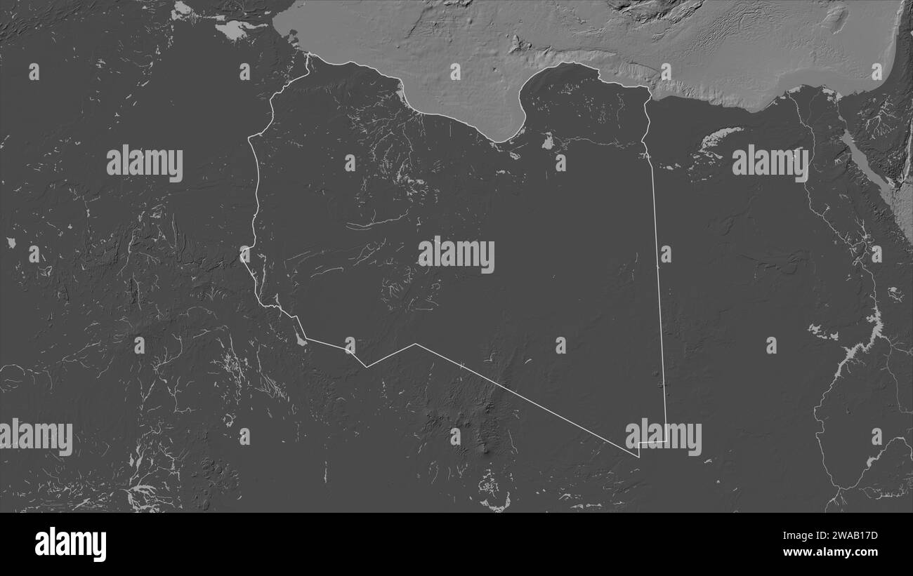 Libya outlined on a Bilevel elevation map with lakes and rivers Stock ...