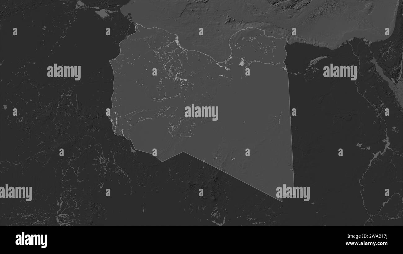 Libya highlighted on a Bilevel elevation map with lakes and rivers ...