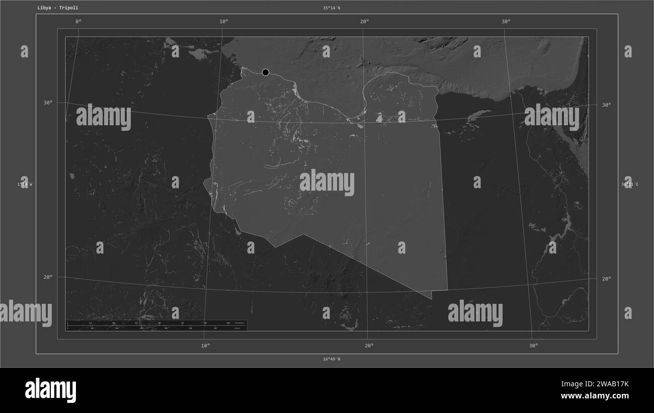 Libya highlighted on a Bilevel elevation map with lakes and rivers map ...