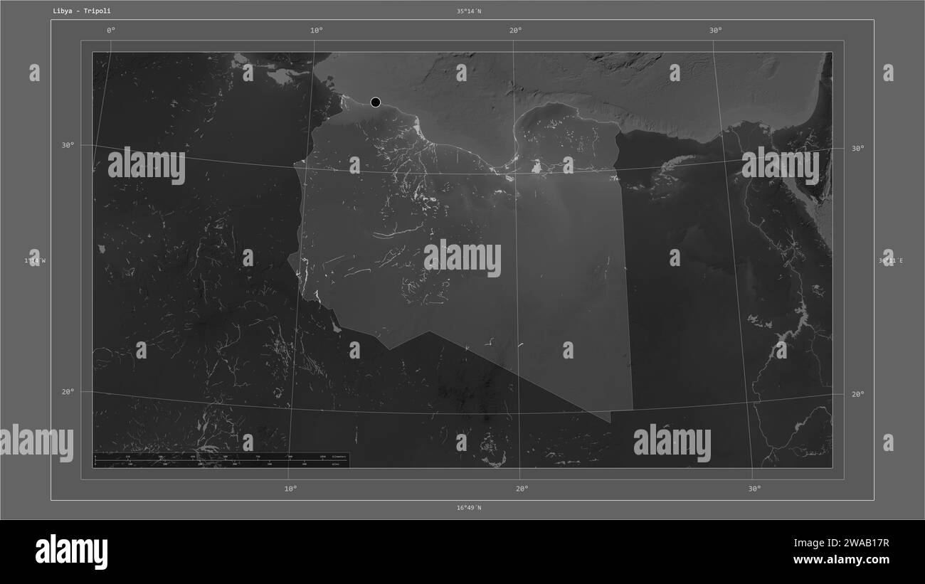 Libya highlighted on a Grayscale elevation map with lakes and rivers ...