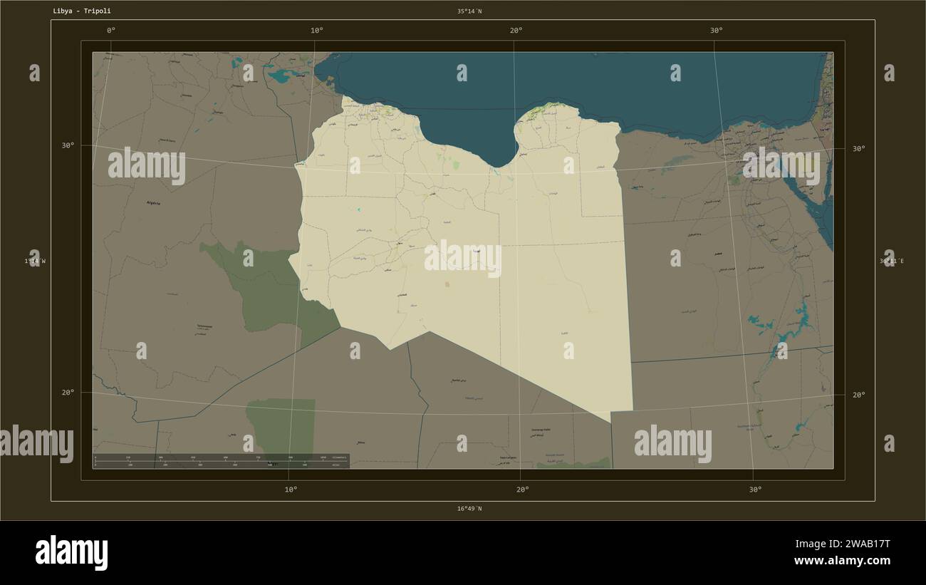 Libya highlighted on a topographic, OSM Humanitarian style map map with ...
