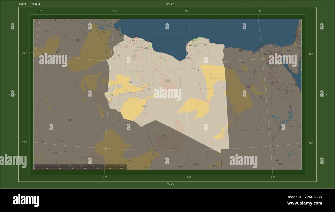 Libya highlighted on a topographic, OSM Germany style map map with the ...