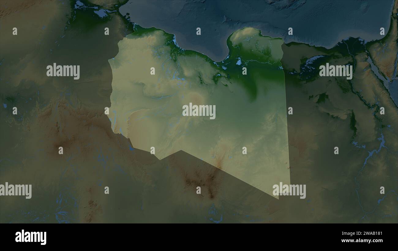 Libya highlighted on a Colored elevation map with lakes and rivers ...
