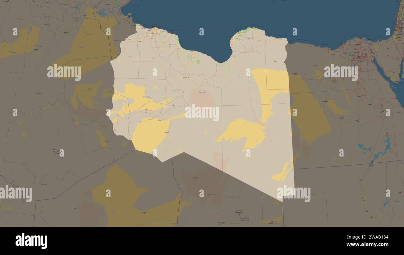 Libya highlighted on a topographic, OSM standard style map Stock Photo ...
