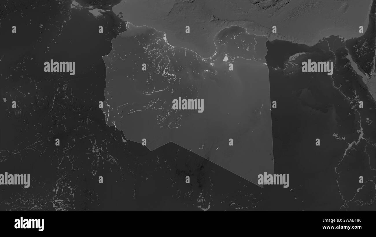 Libya highlighted on a Grayscale elevation map with lakes and rivers ...