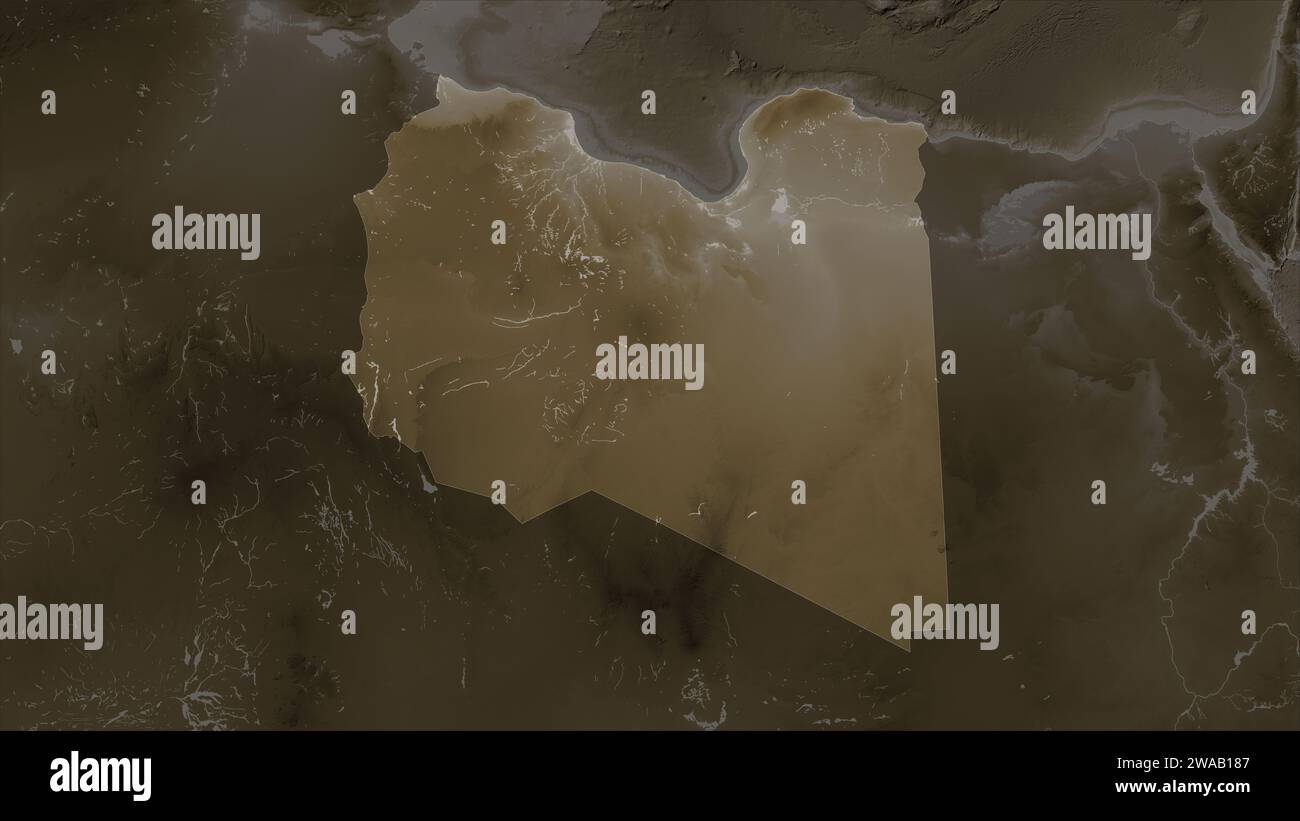 Libya highlighted on a elevation map colored in sepia tones with lakes ...