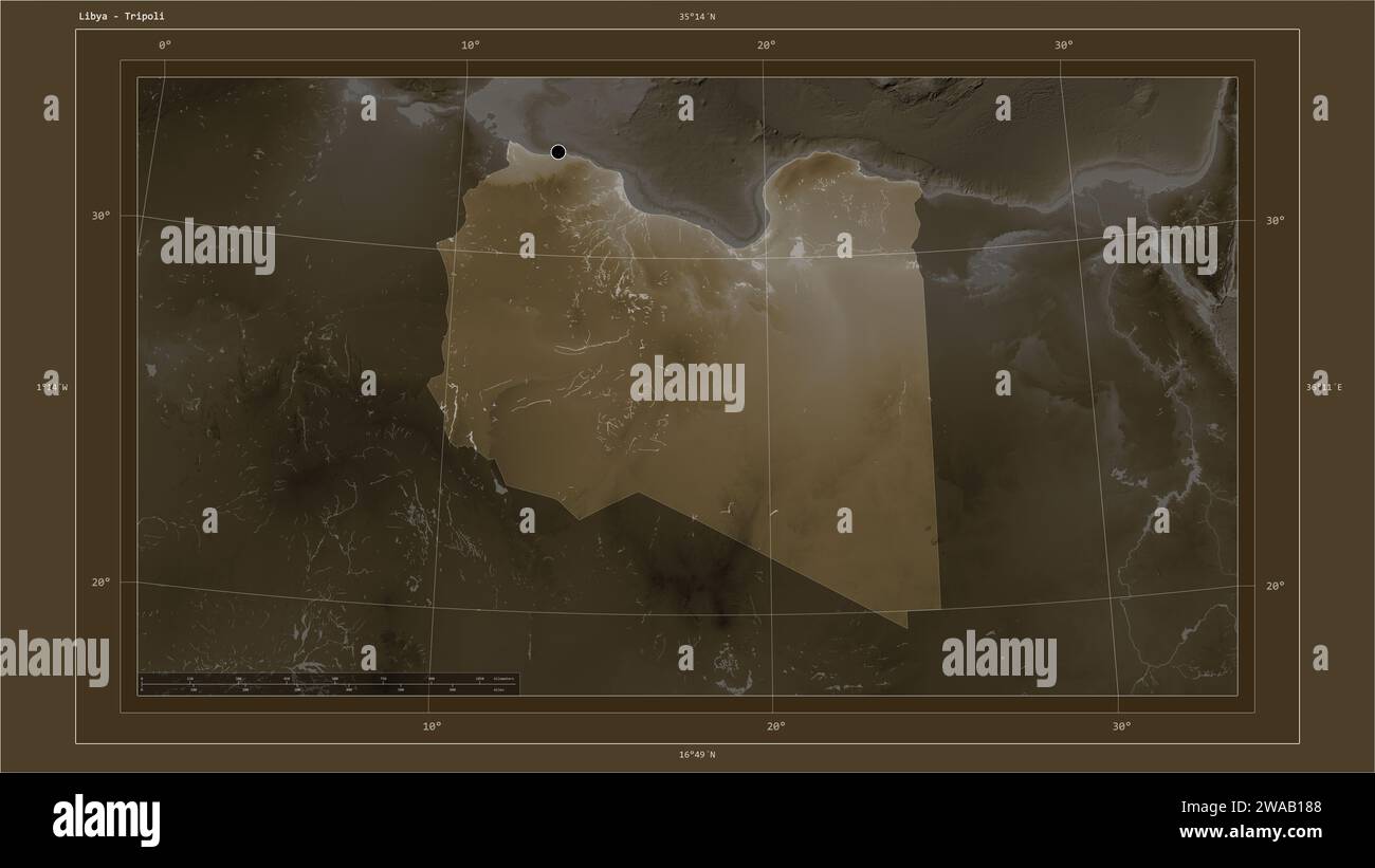 Libya highlighted on a elevation map colored in sepia tones with lakes ...