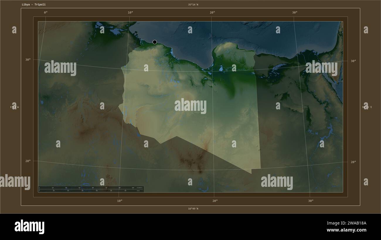 Libya highlighted on a Colored elevation map with lakes and rivers map ...
