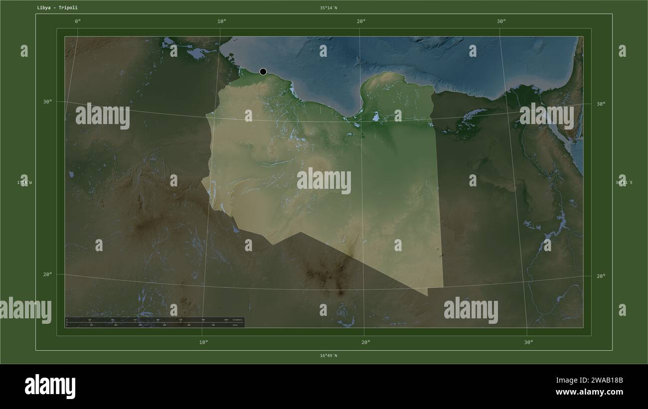 Libya highlighted on a Pale colored elevation map with lakes and rivers ...
