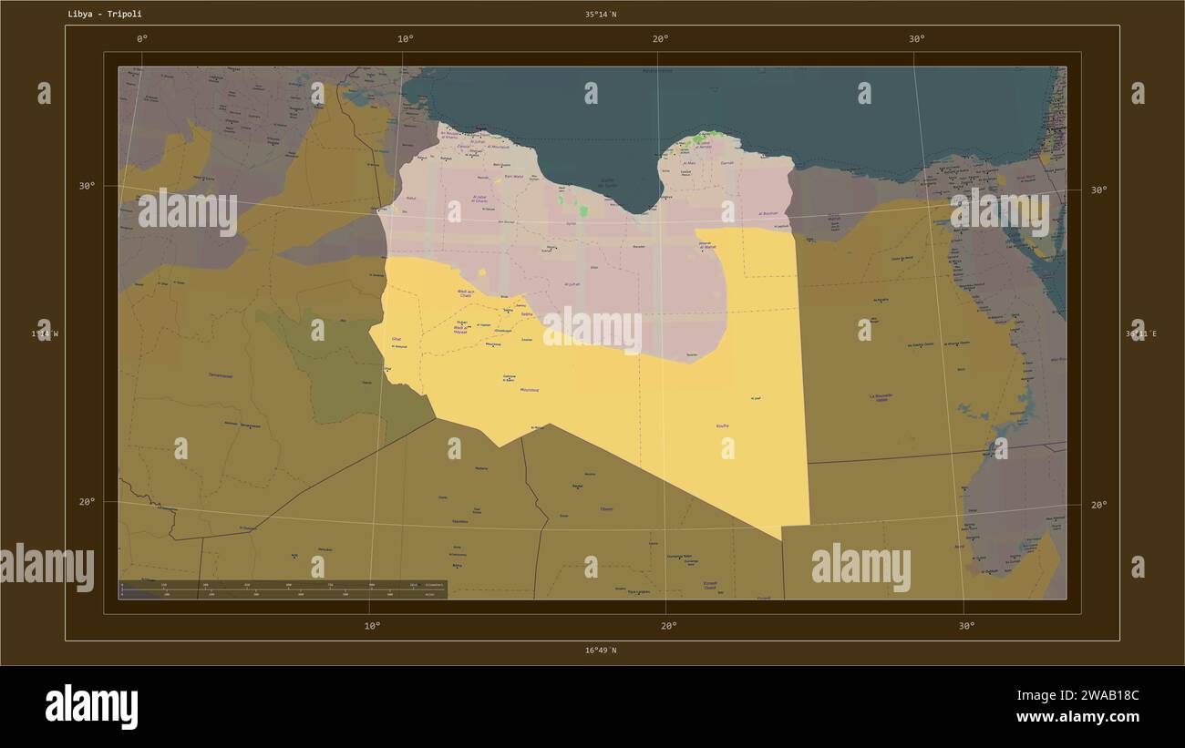 Libya highlighted on a topographic, OSM France style map map with the ...