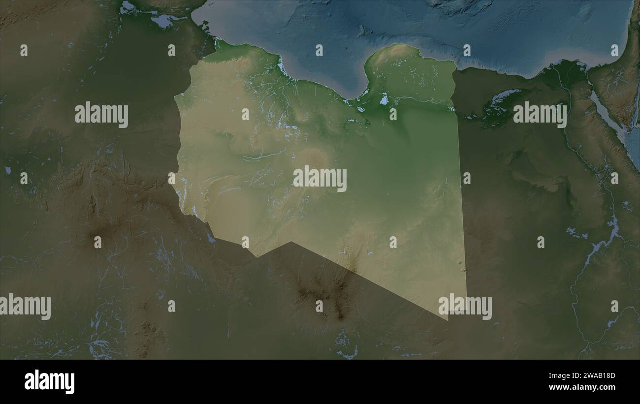 Libya highlighted on a Pale colored elevation map with lakes and rivers ...
