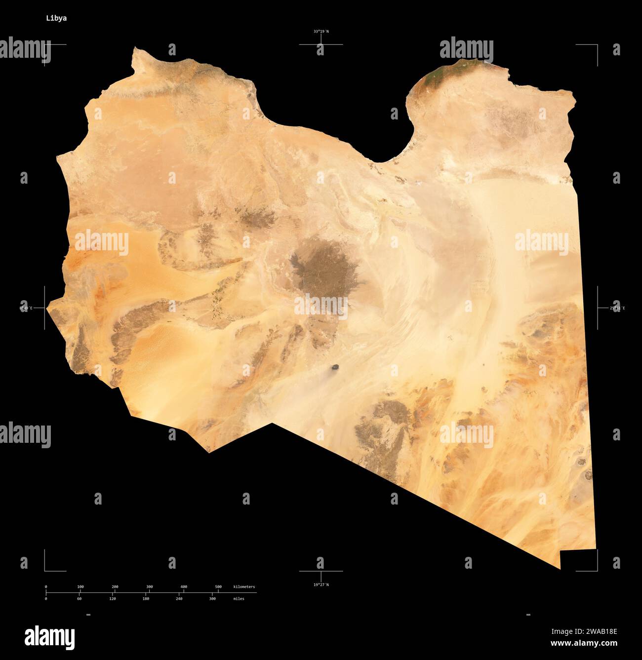 Shape of a low resolution satellite map of the Libya, with distance ...