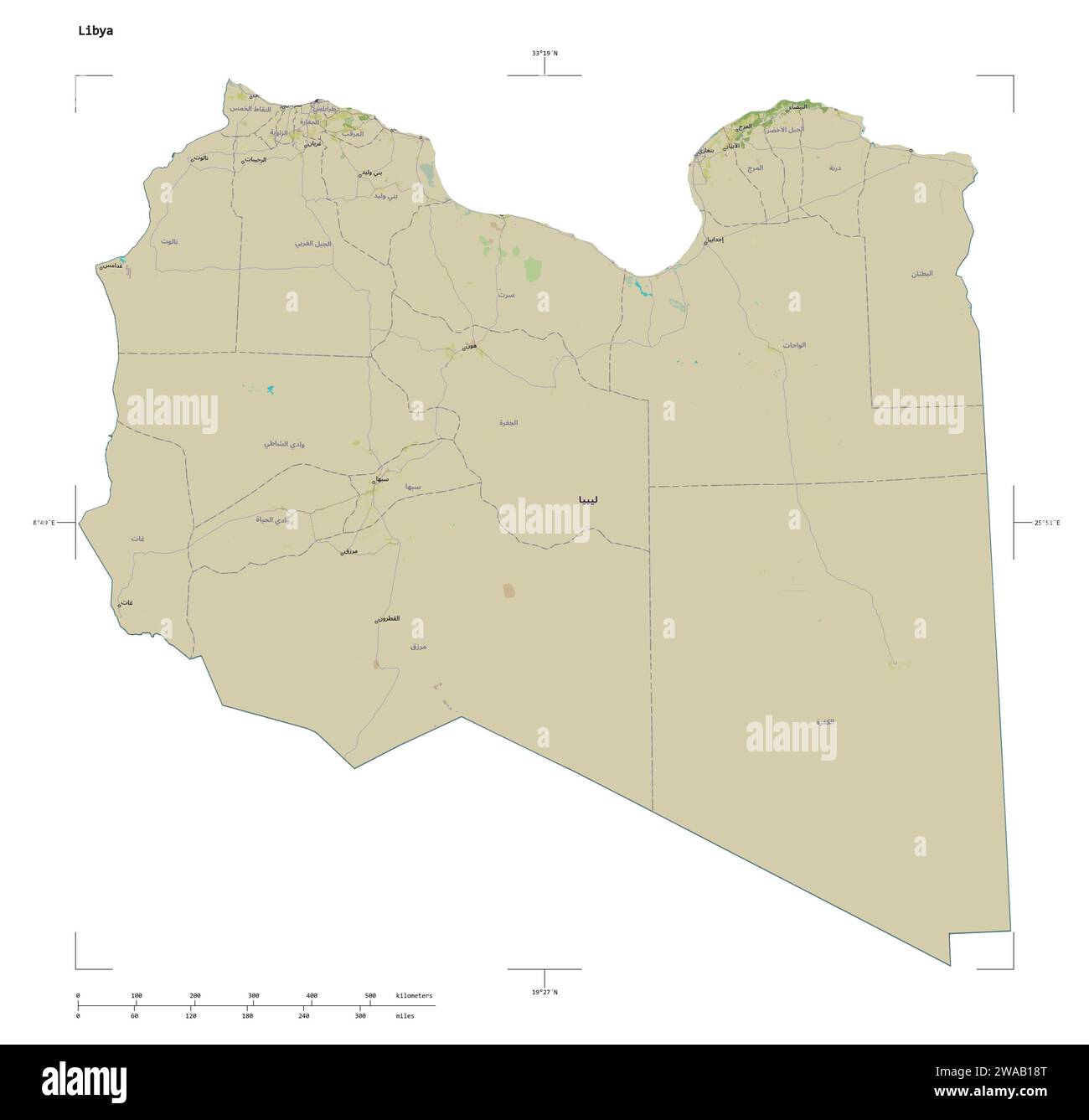 Shape of a topographic, OSM Humanitarian style map of the Libya, with ...