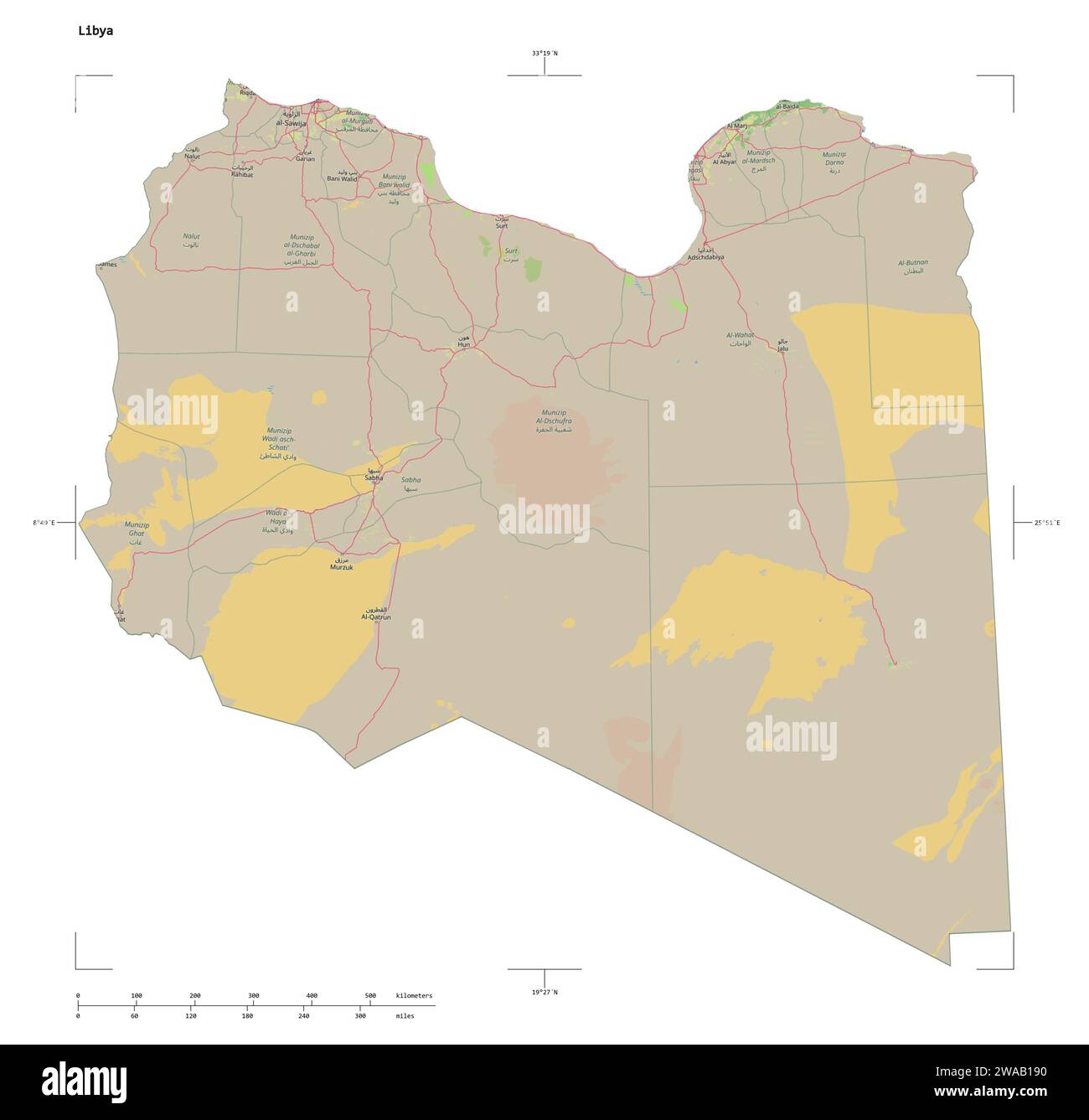 Shape of a topographic, OSM Germany style map of the Libya, with ...