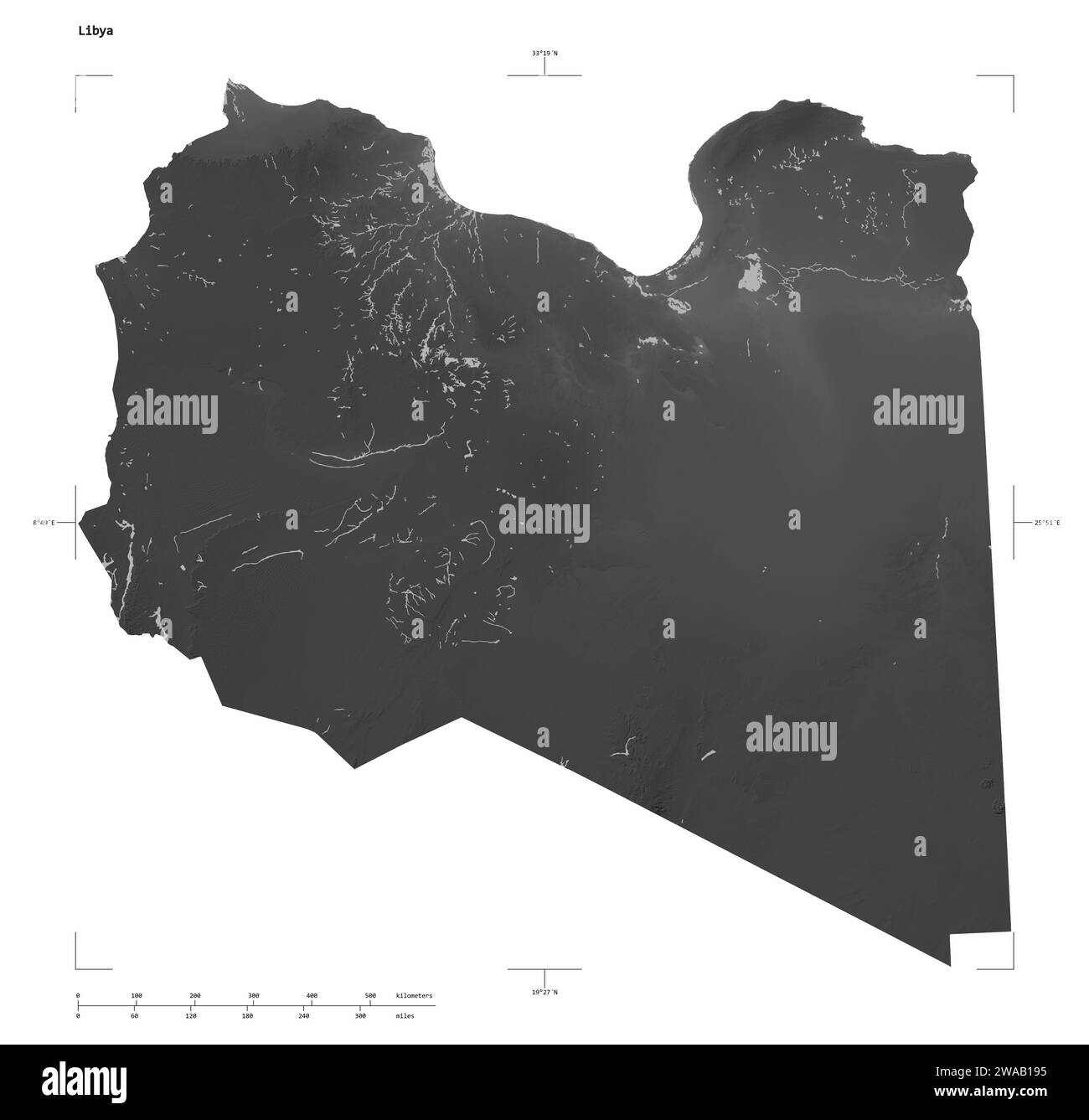 Shape of a Grayscale elevation map with lakes and rivers of the Libya, with distance scale and ...