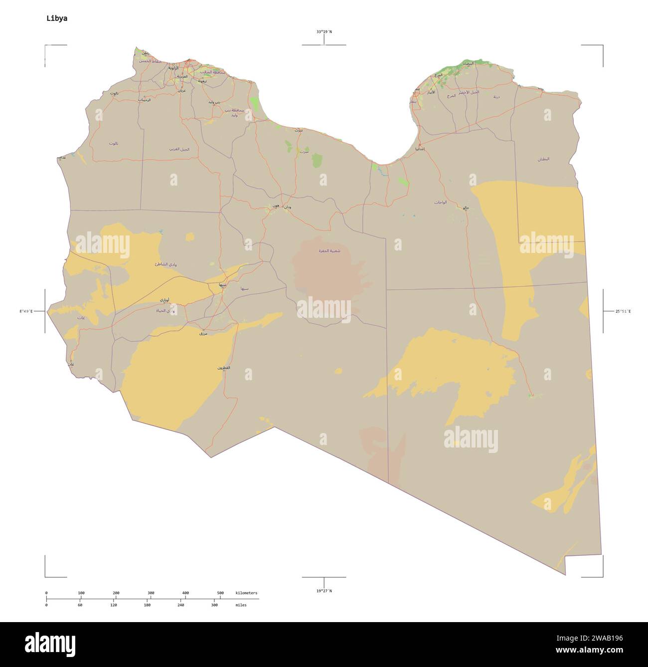 Shape of a topographic, OSM standard style map of the Libya, with ...