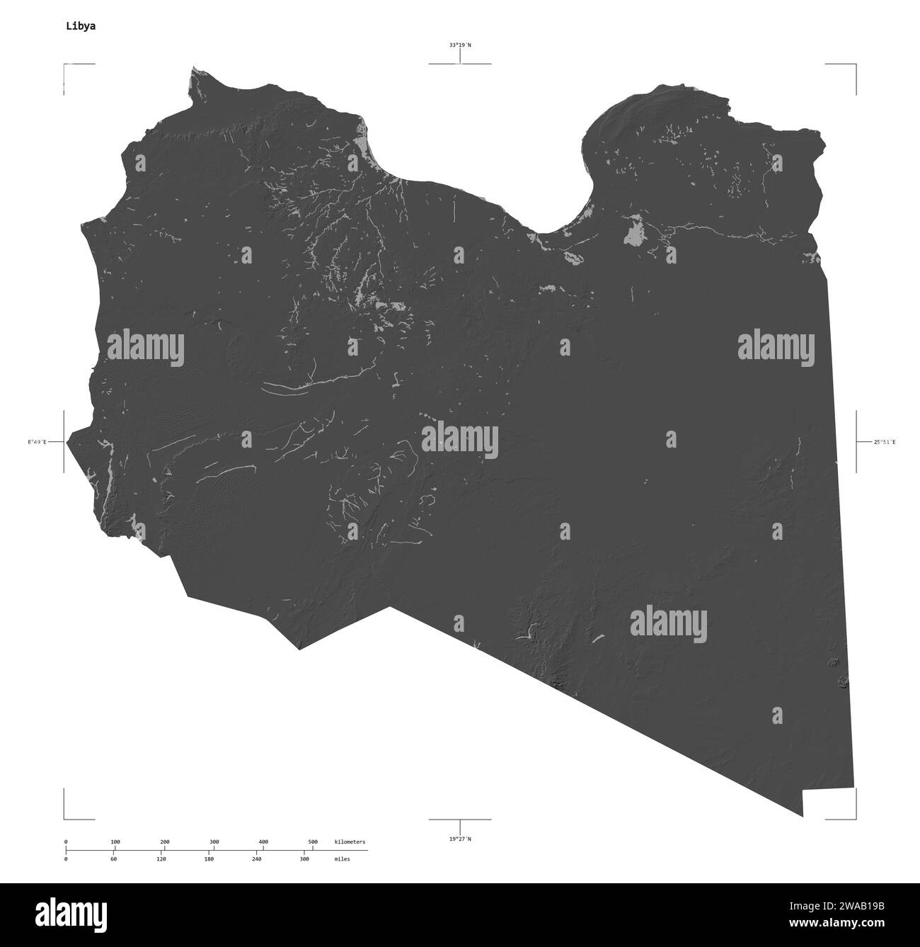 Shape of a Bilevel elevation map with lakes and rivers of the Libya ...