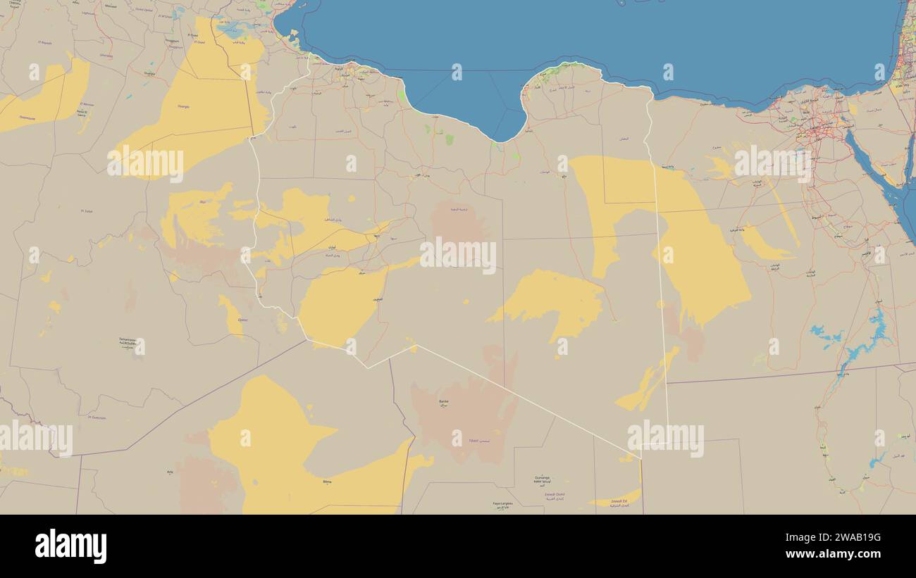 Libya outlined on a topographic, OSM standard style map Stock Photo - Alamy