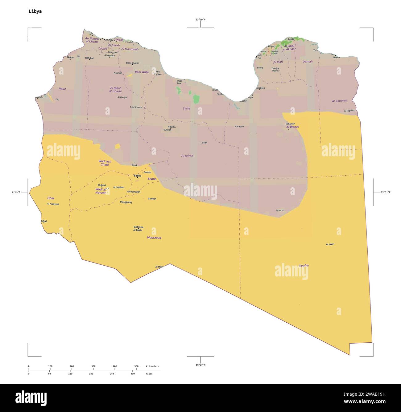 Shape of a topographic, OSM France style map of the Libya, with ...