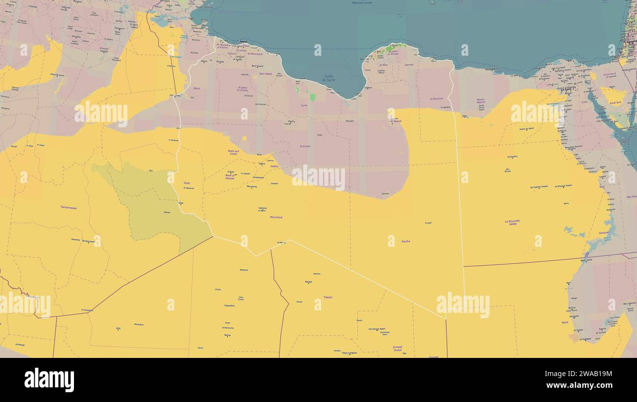 Libya outlined on a topographic, OSM France style map Stock Photo - Alamy