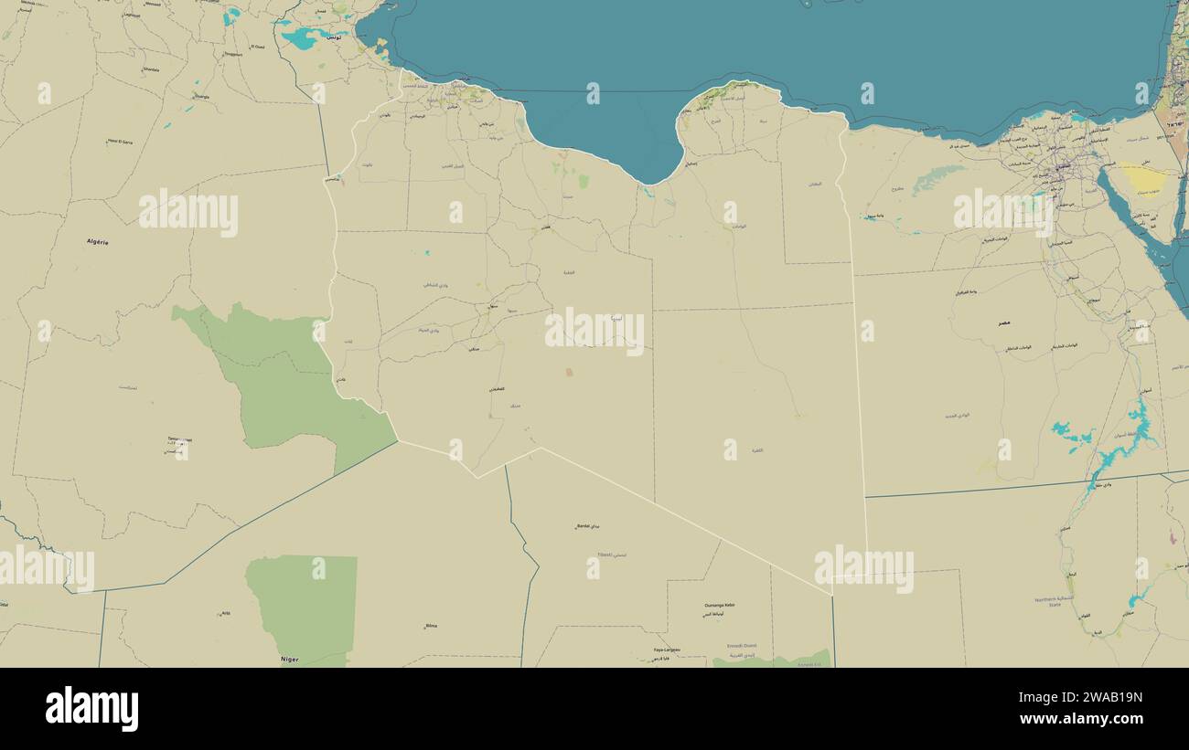 Libya outlined on a topographic, OSM Humanitarian style map Stock Photo ...