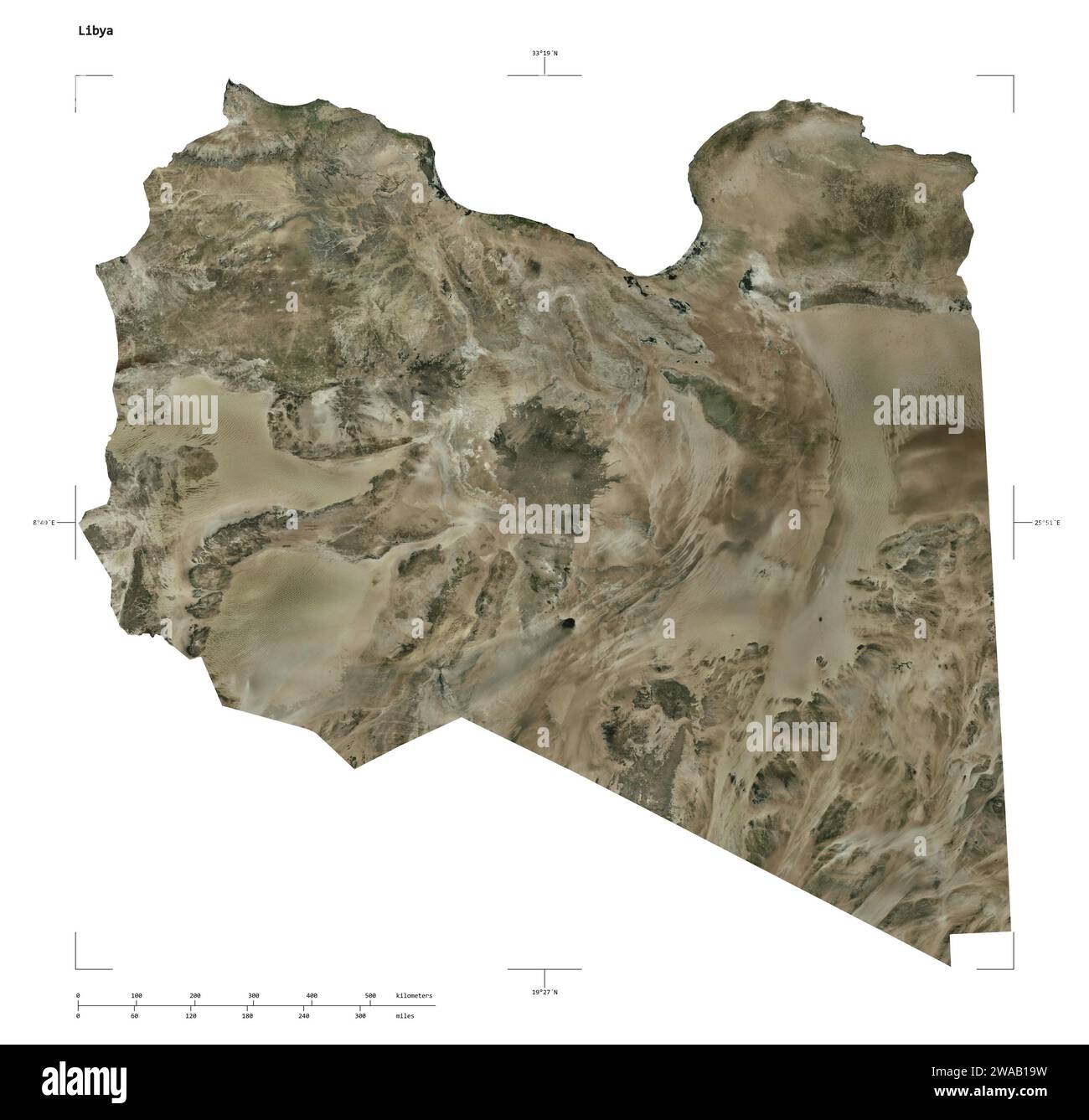 Shape of a high resolution satellite map of the Libya, with distance ...