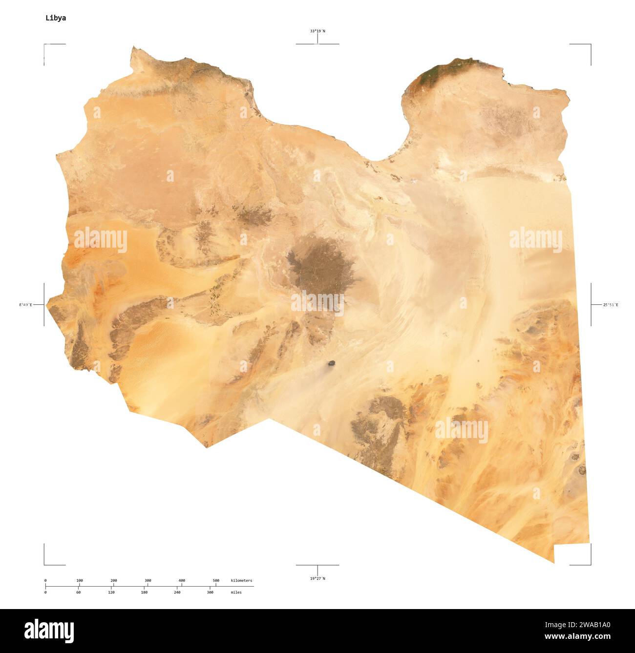 Shape of a low resolution satellite map of the Libya, with distance scale and map border ...