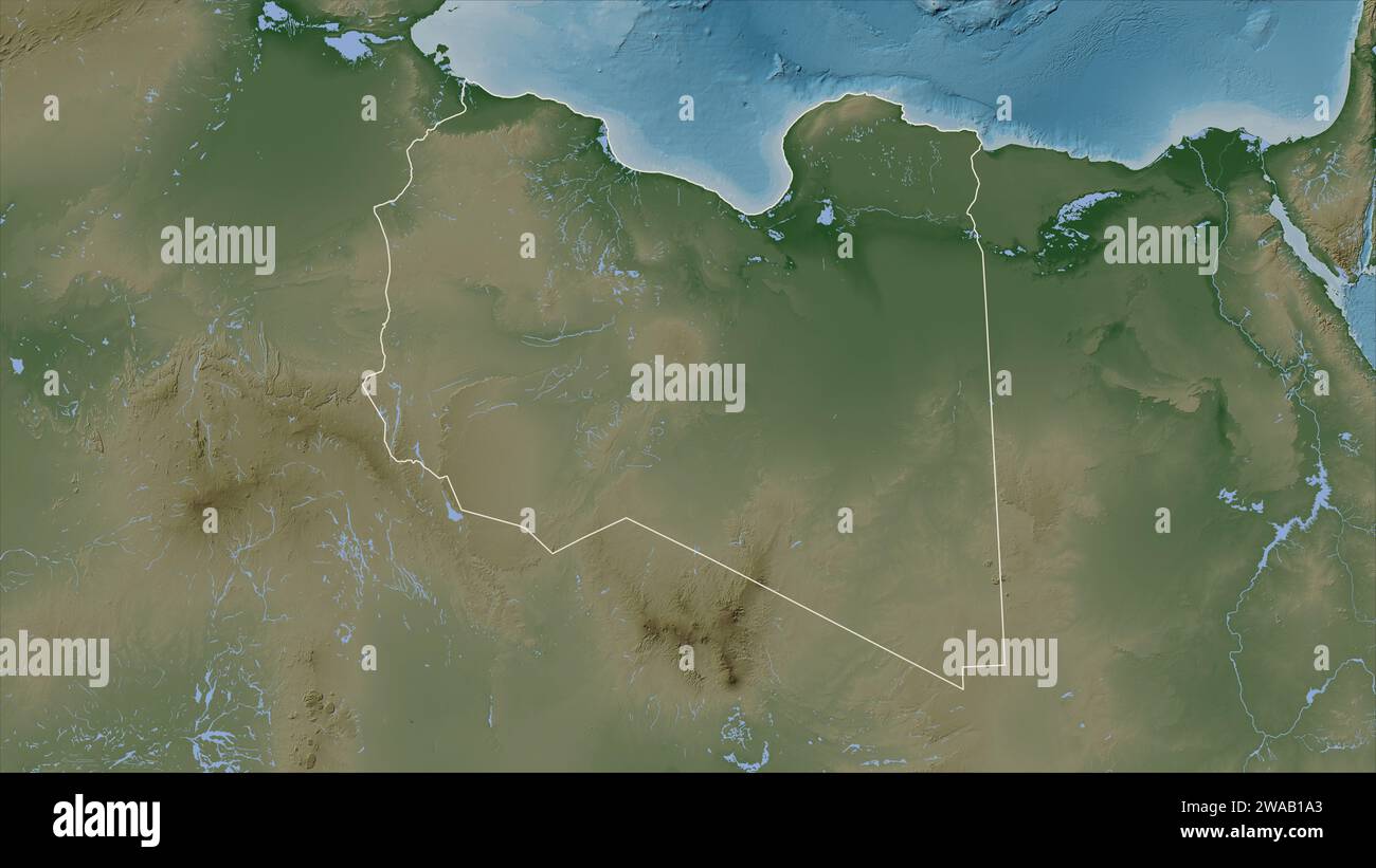 Libya outlined on a Pale colored elevation map with lakes and rivers ...